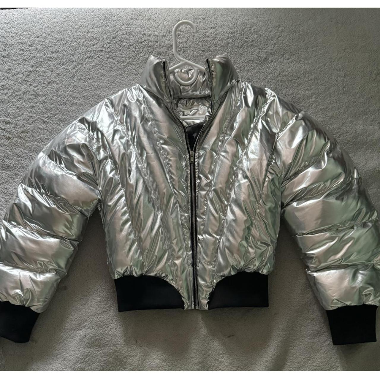 Metallic Silver puffer jacket in new condition worn... - Depop