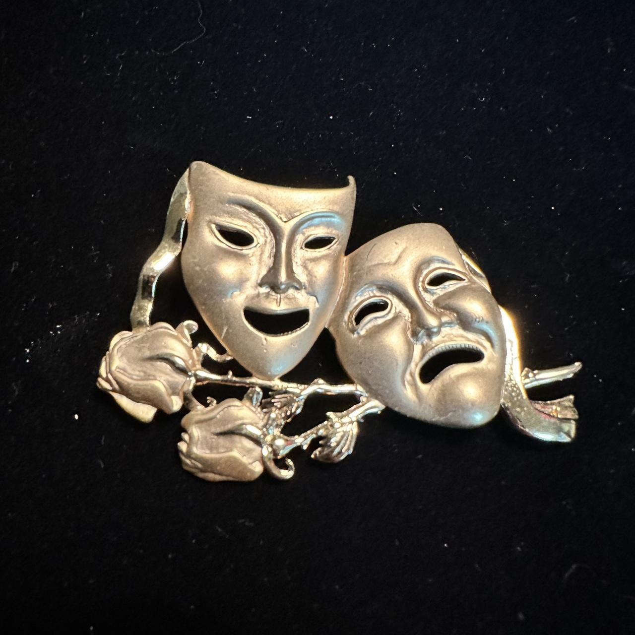 Gold tone theatrical masks brooch jewelery #brooch... | Depop