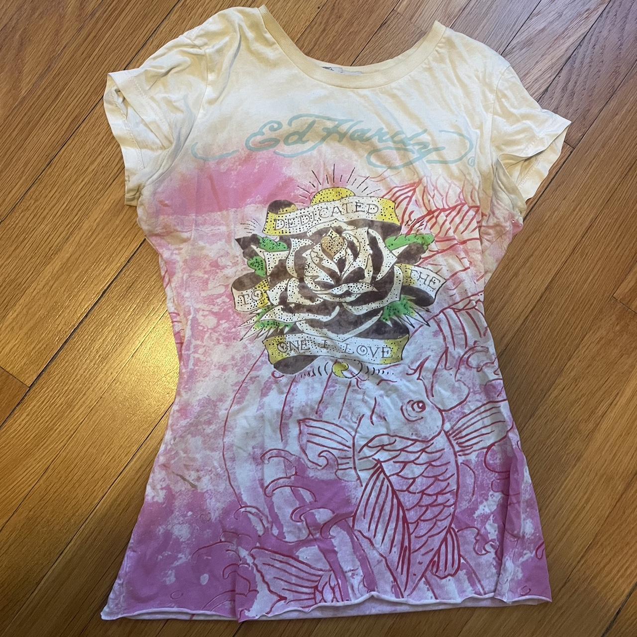Ed Hardy pink and white graphic tee with rhinestones... | Depop