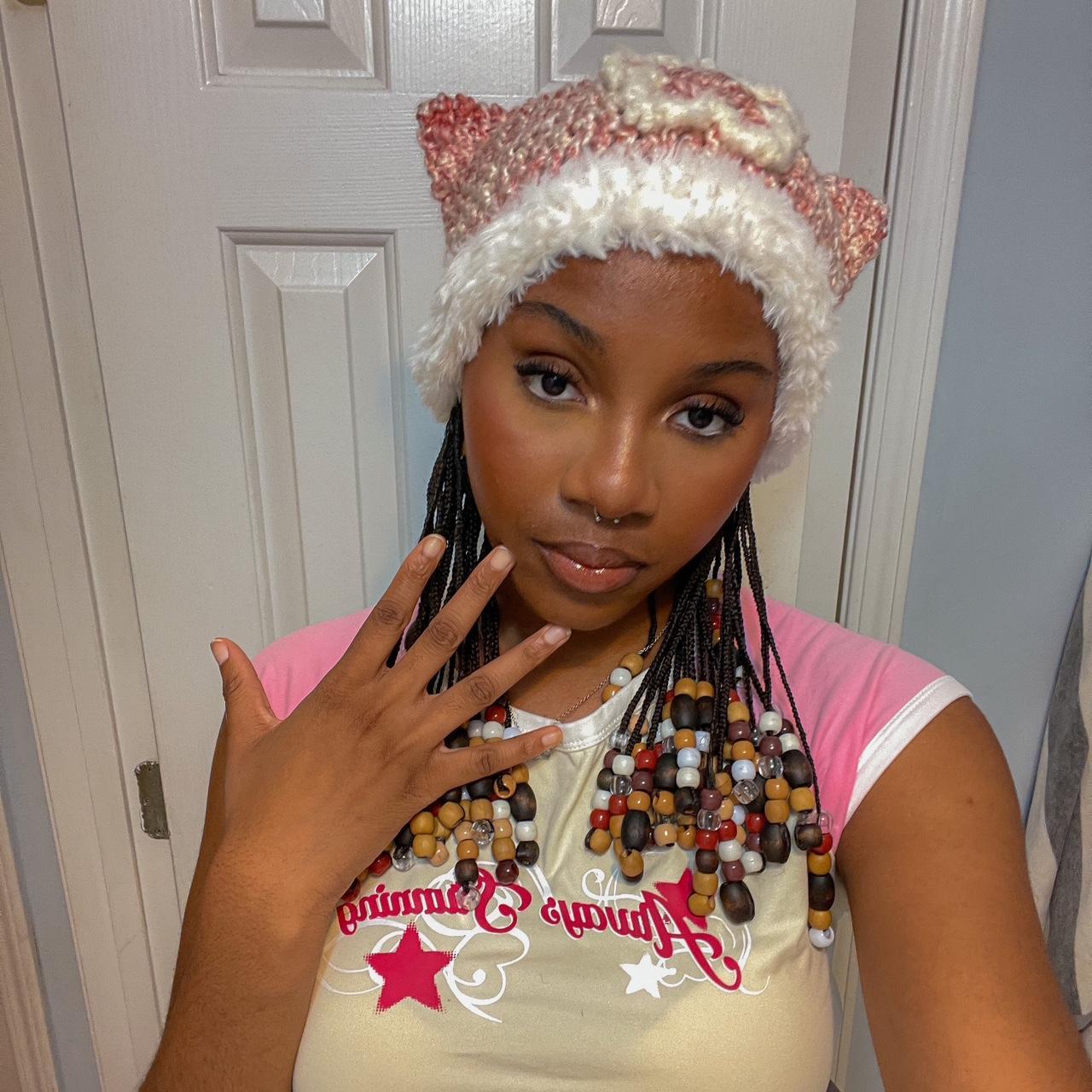 Handmade Crochet Pink/White Fluffy Brim Star Cat Hat... - Depop