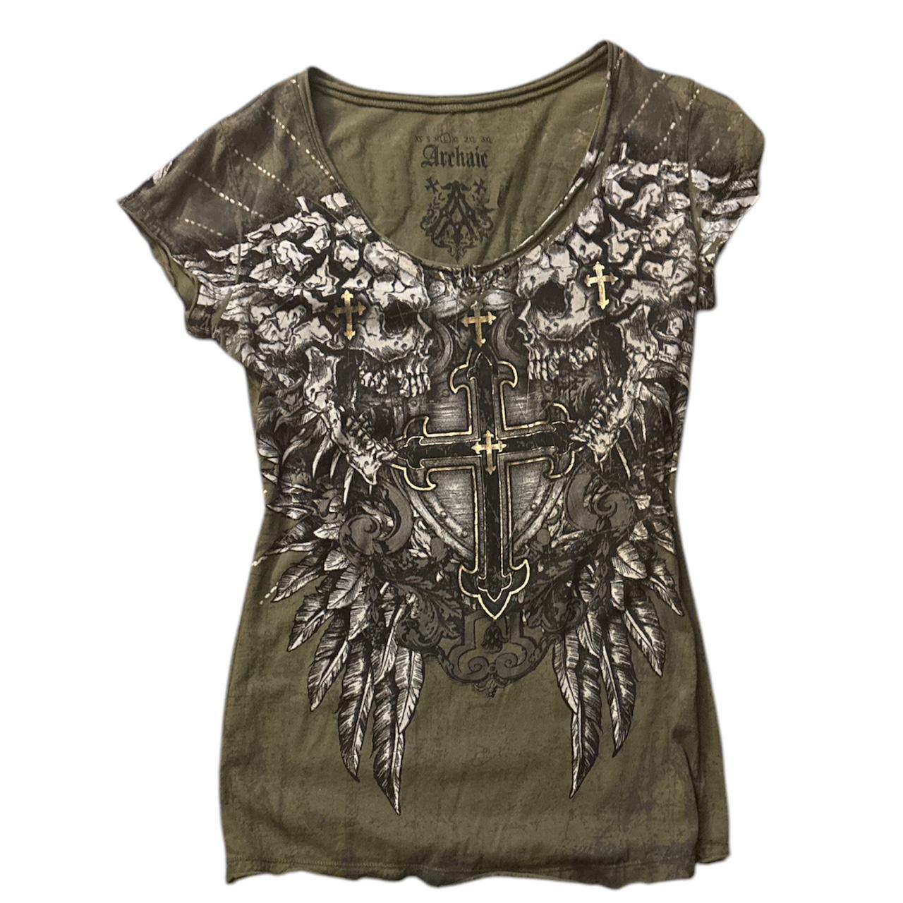 Khaki and black Affliction shirt with cross and... - Depop