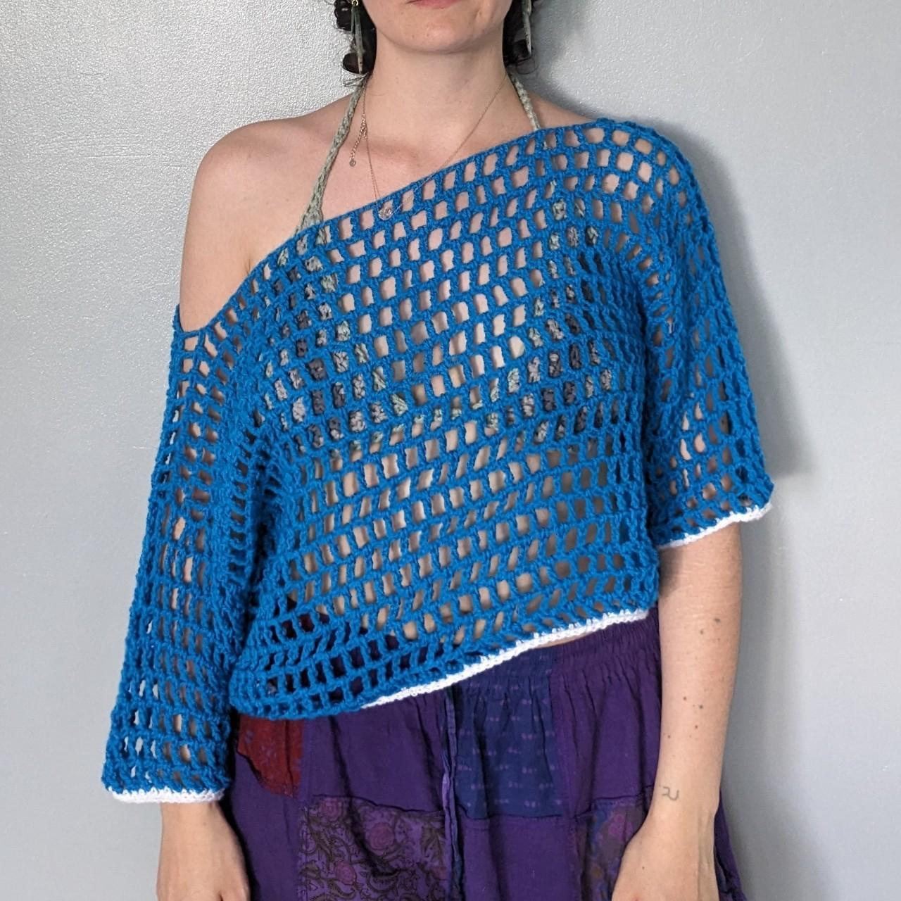 handmade bright blue baggy mesh top featuring a wide... - Depop