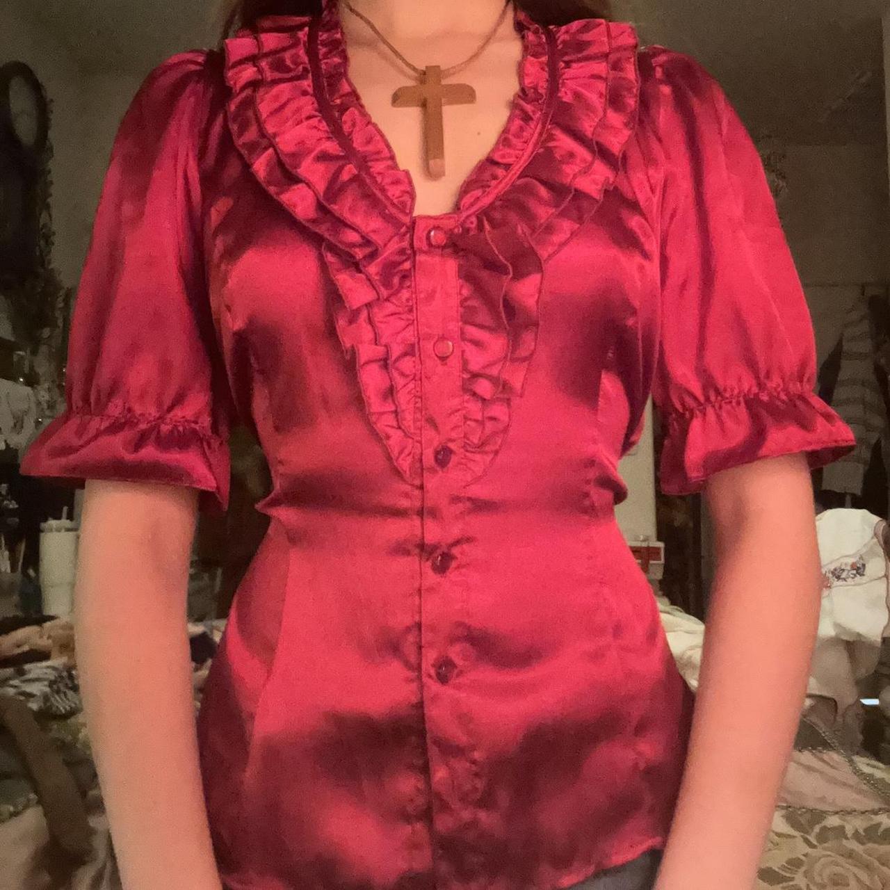 Red gothic pirate vampire satin blouse with ruffles... | Depop