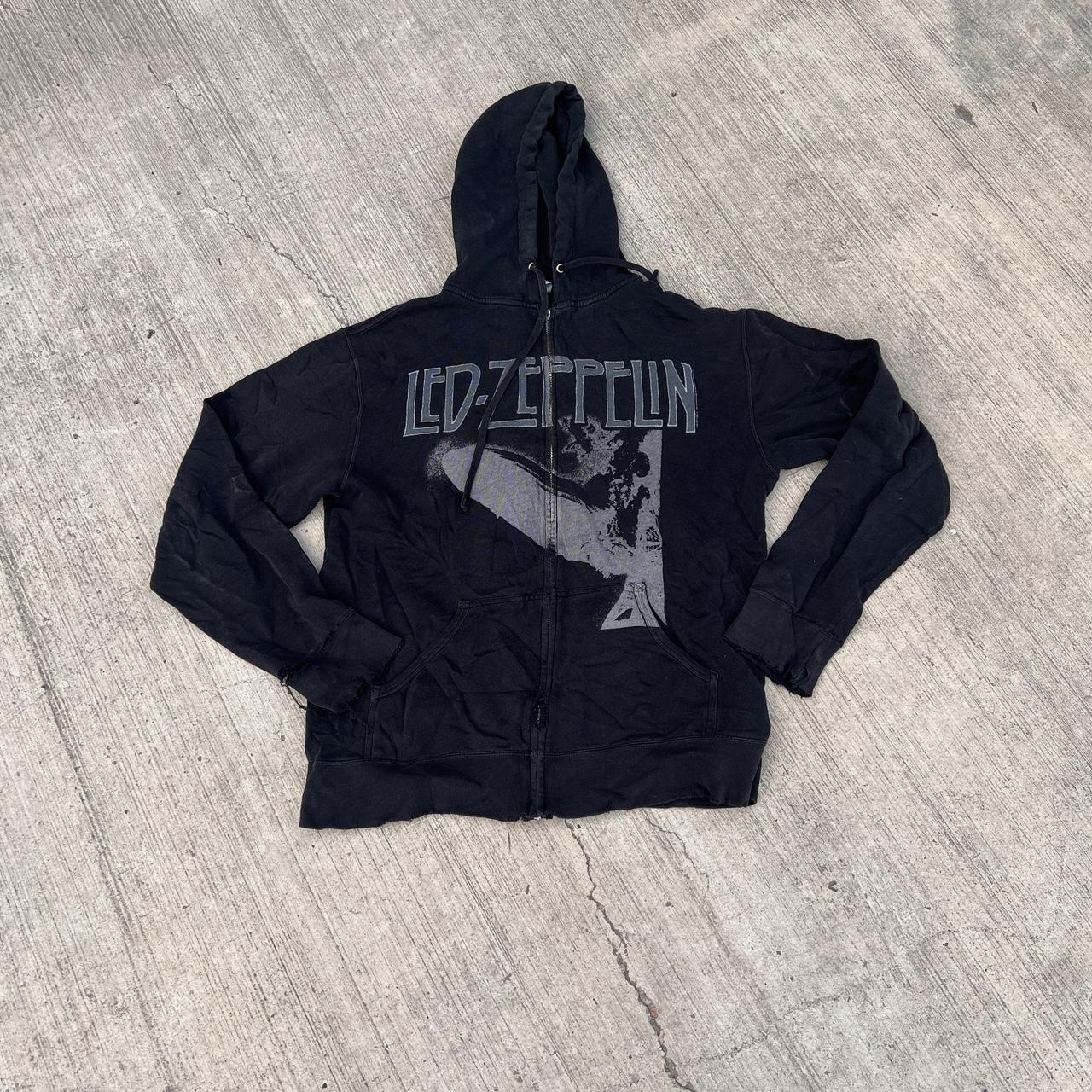 Black Led Zeppelin zip up hoodie with a distressed... - Depop