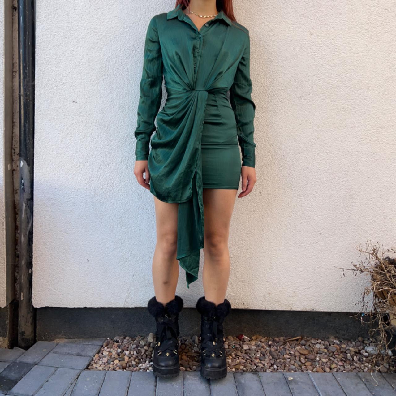 Missguided dark green satin silk shirt dress with... - Depop