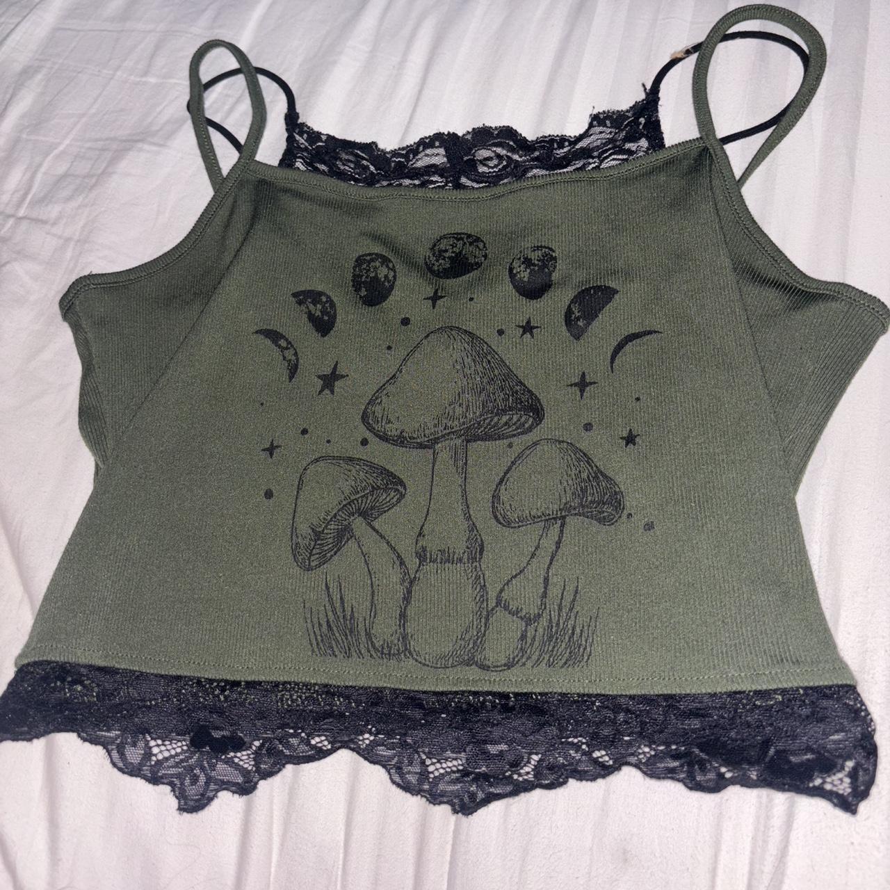 Green and black lace cami moon mushroom top. Worn,... | Depop
