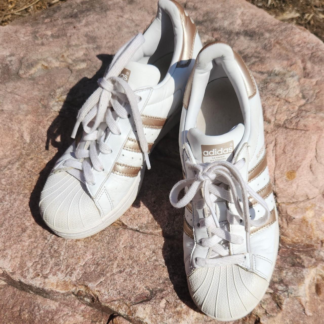 Adidas shell toe low tops. Gold on white. Tag says... | Depop