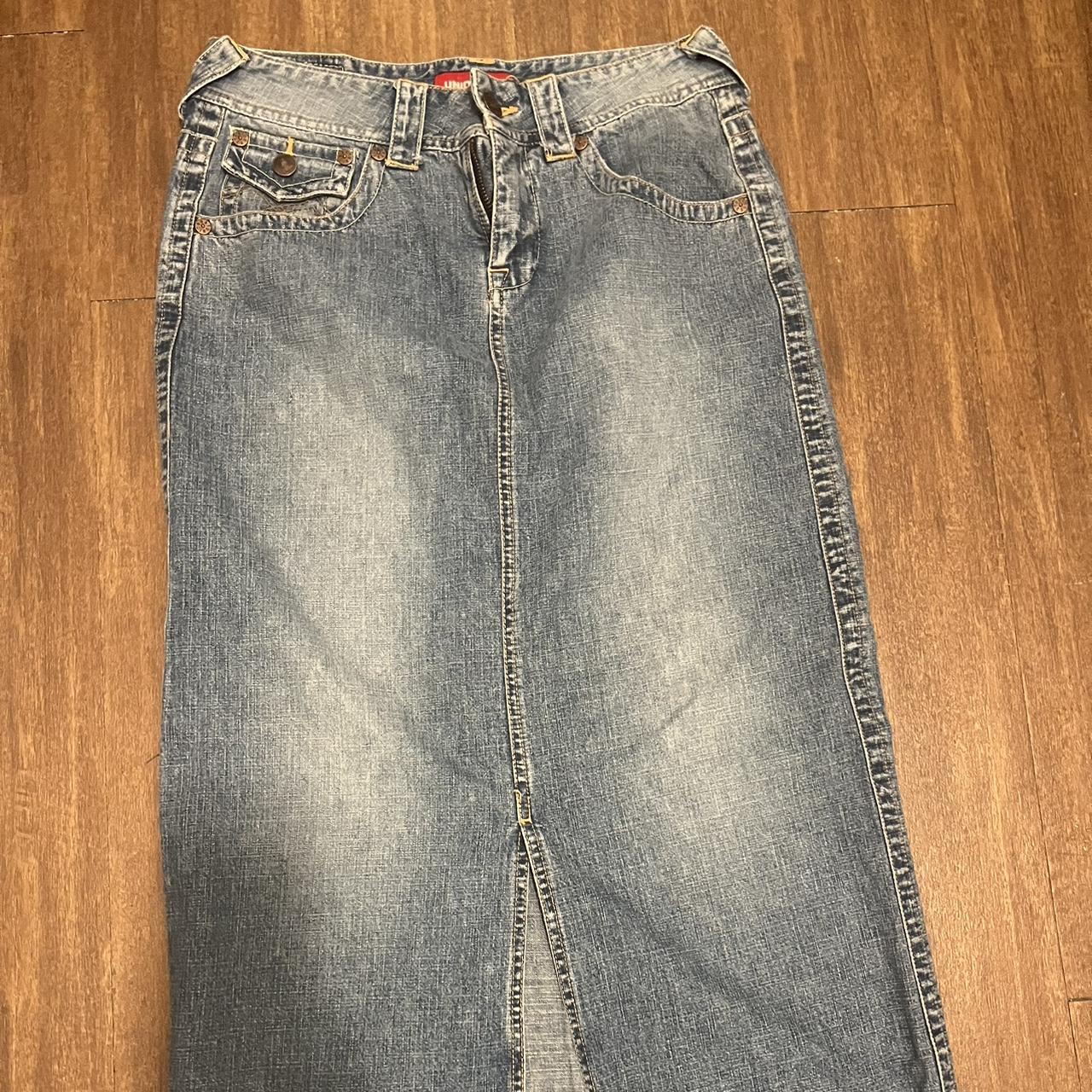 Vintage Union bay denim maxi skirt with front slit.... - Depop