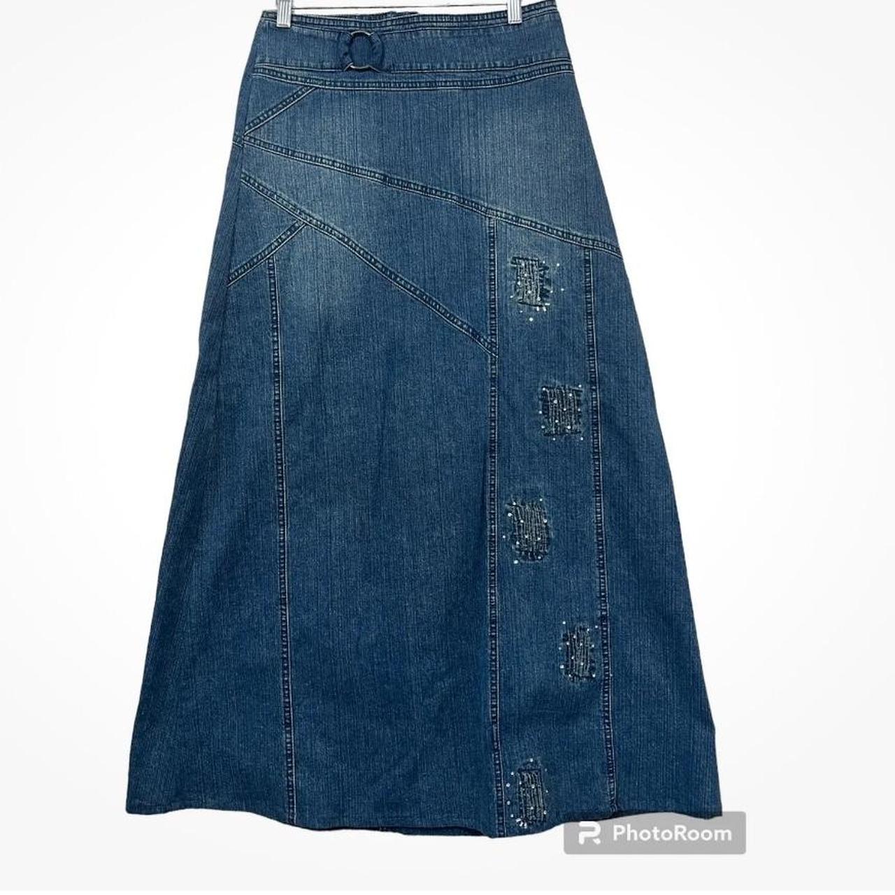 Y2K denim maxi skirt with rhinestone and hoop buckle... - Depop