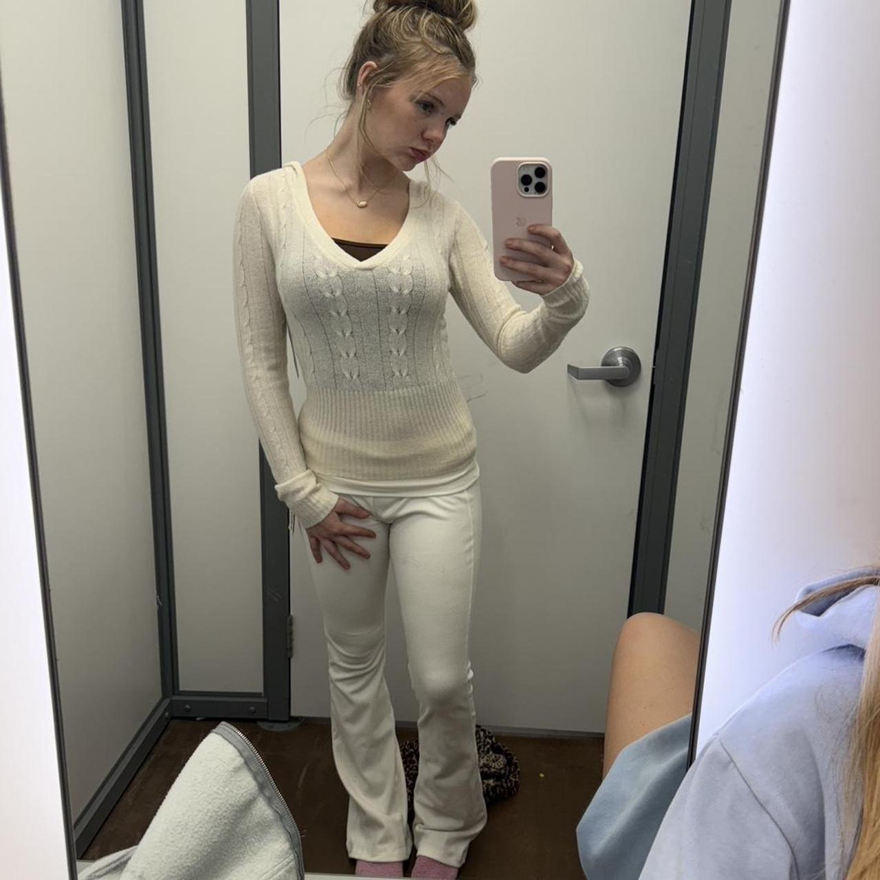 grey low rise fold-over flare leggings... | Depop