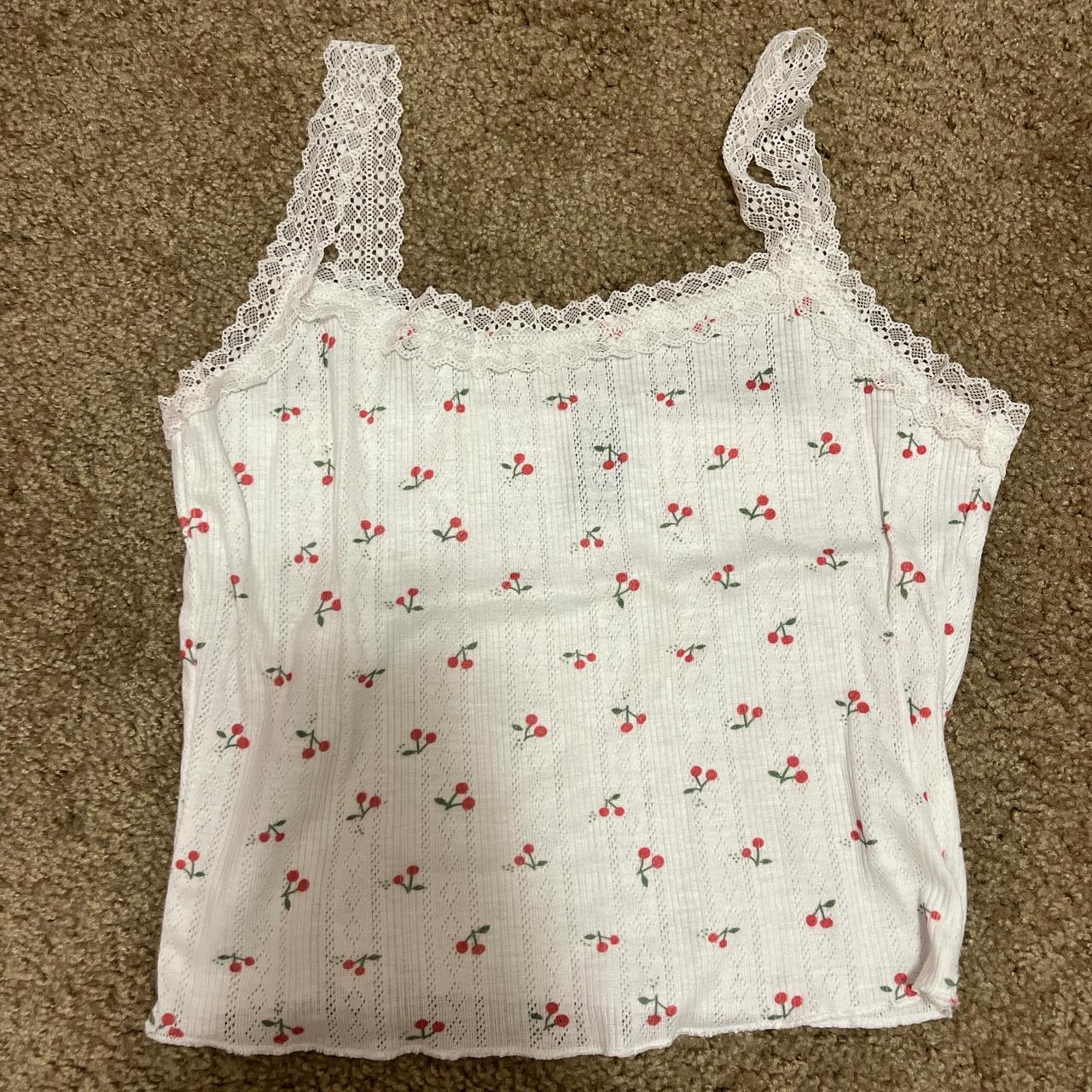 white & cherry lace tank top #coquette #cherries... - Depop