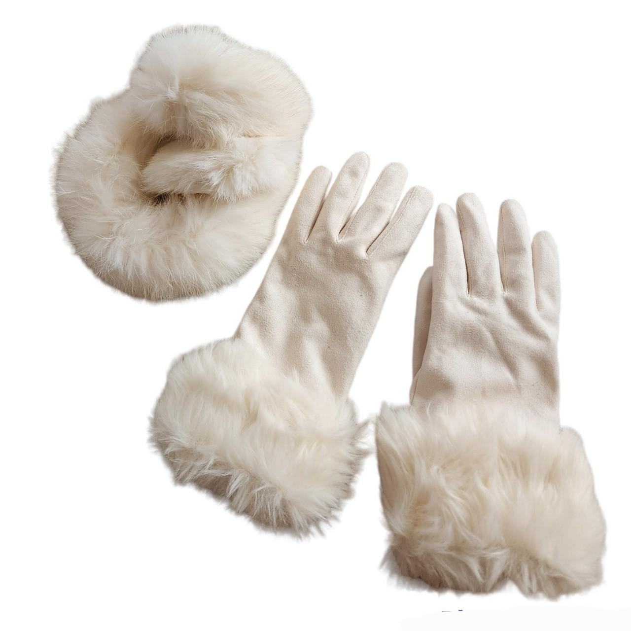 White suede gloves trimmed with rabbit fur & rabbit... - Depop