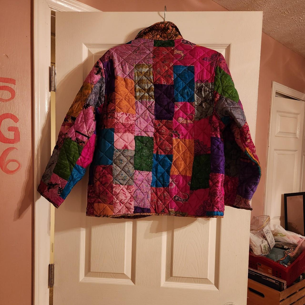multi colored quilted soft jacket with buttons is... - Depop