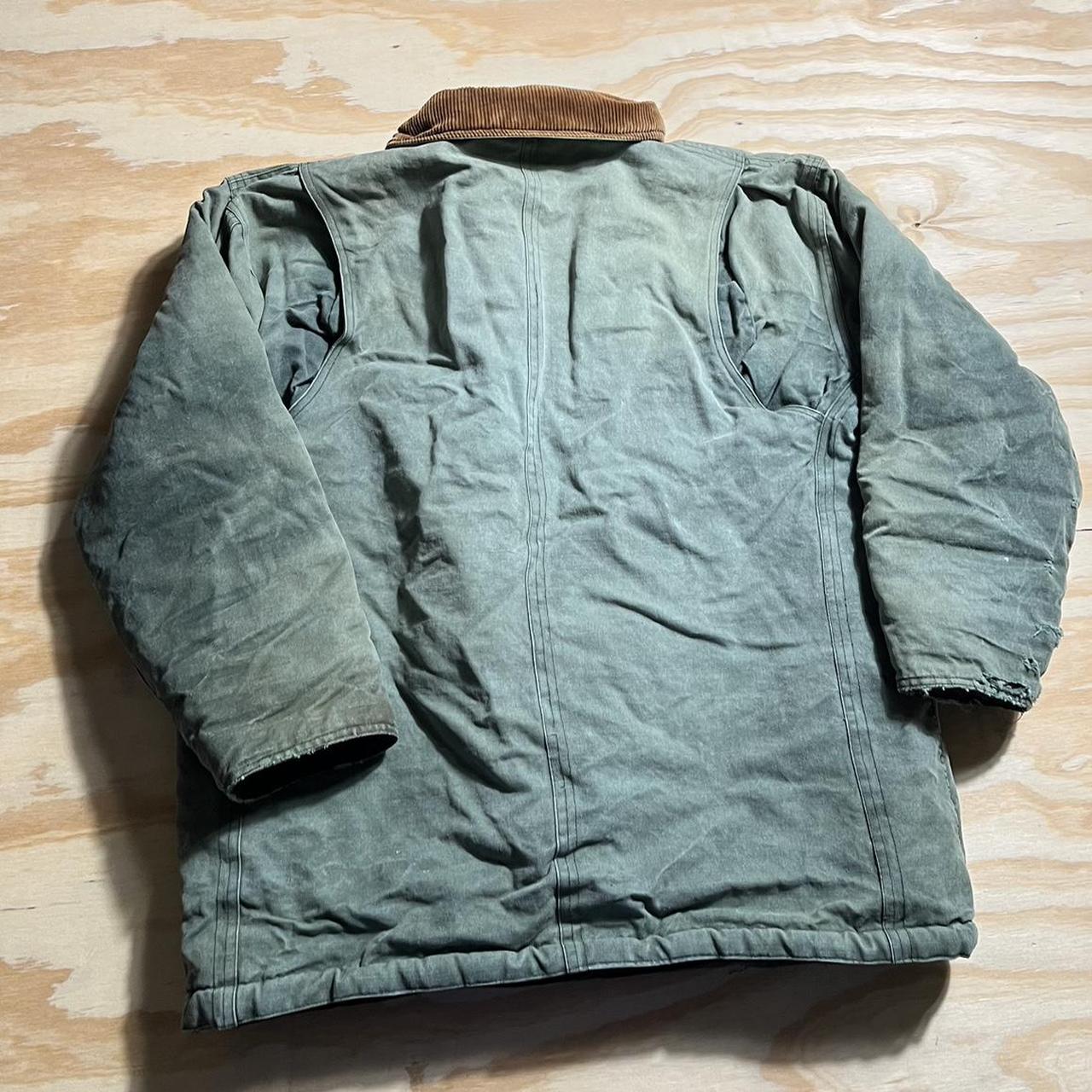 Vintage green canvas chore coat sun faded jacket... - Depop