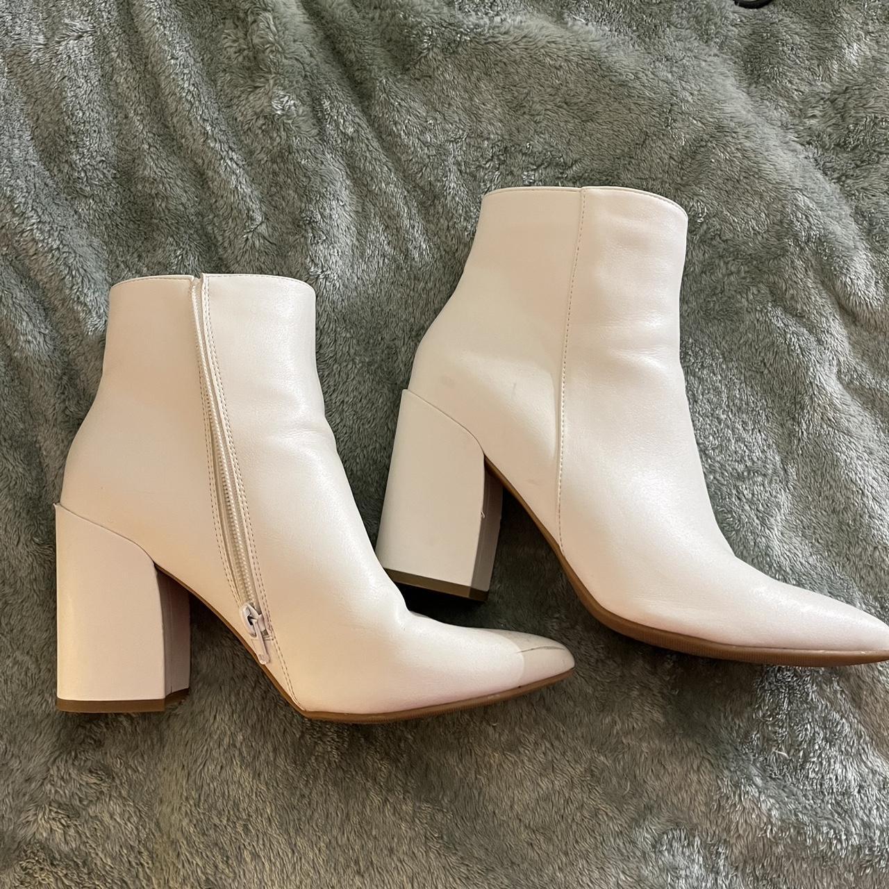 Cream faux leather ankle boots #ankleboots - Depop