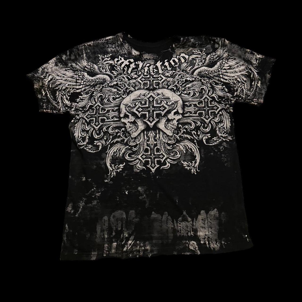 crazy rare affliction dojble skull winged tribal... - Depop