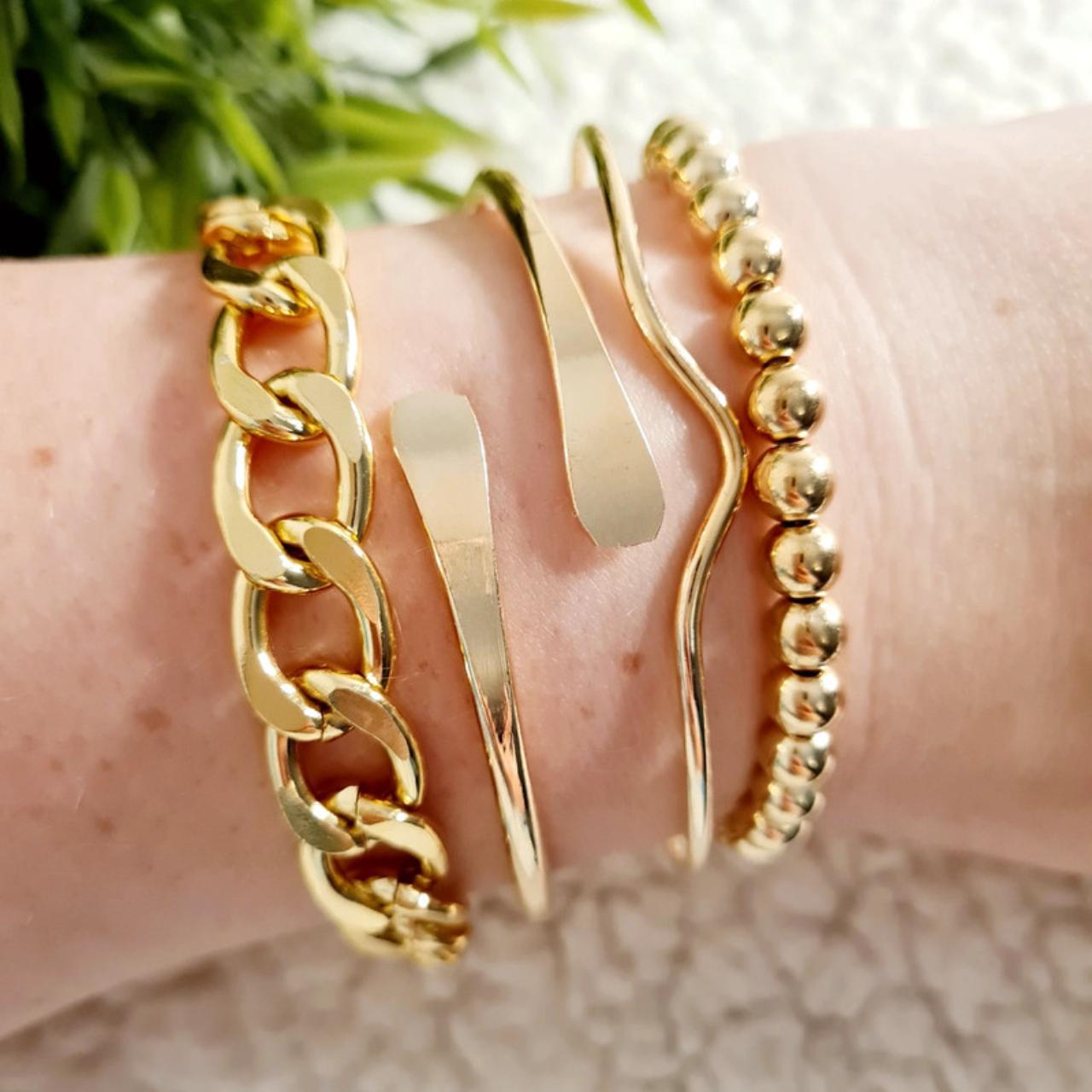 4pc gold layered chain bracelet bangle... - Depop
