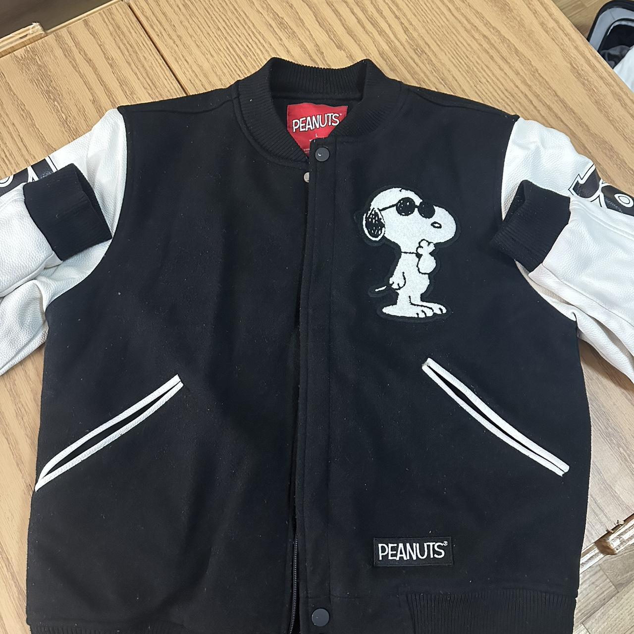 snoopy varsity jacket w leather sleeves and quilted... - Depop