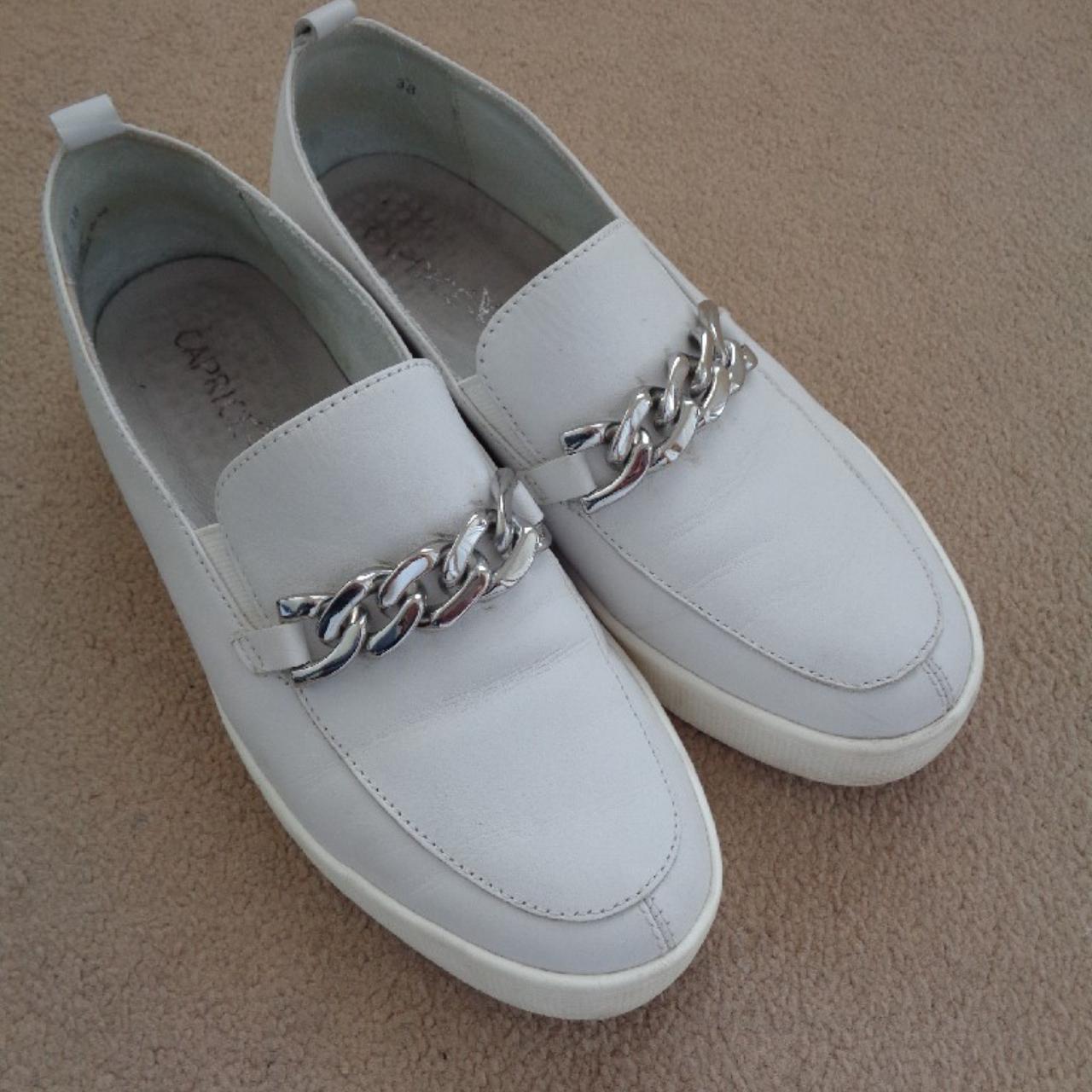 CAPRICE PALE GREY LEATHER LOAFERS WITH SILVER CHAIN... - Depop