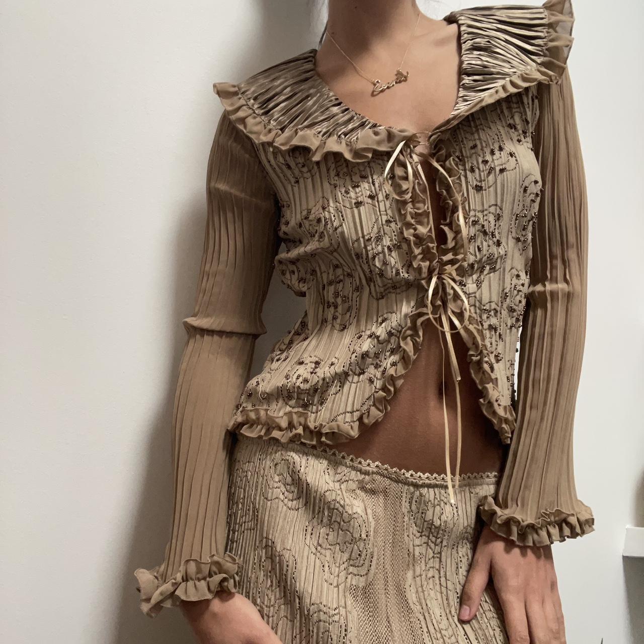 Vintage insane cream and tan pleated maxi skirt and... | Depop