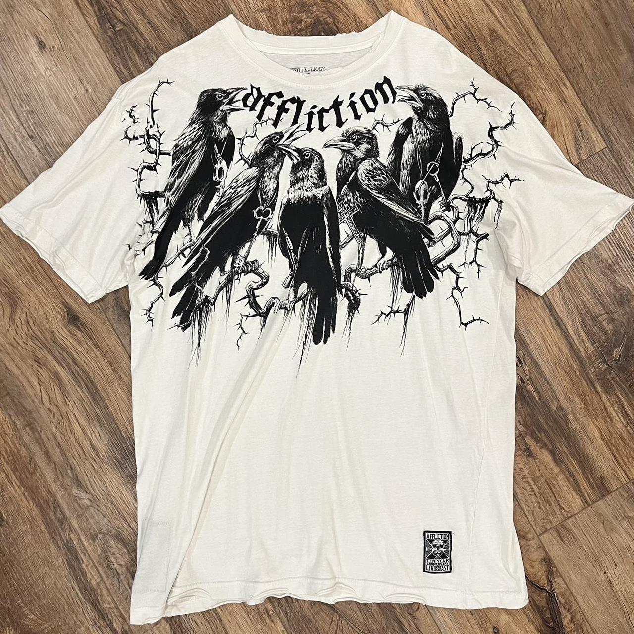 Affliction Crow Tee Size XL in white Literally cut... - Depop