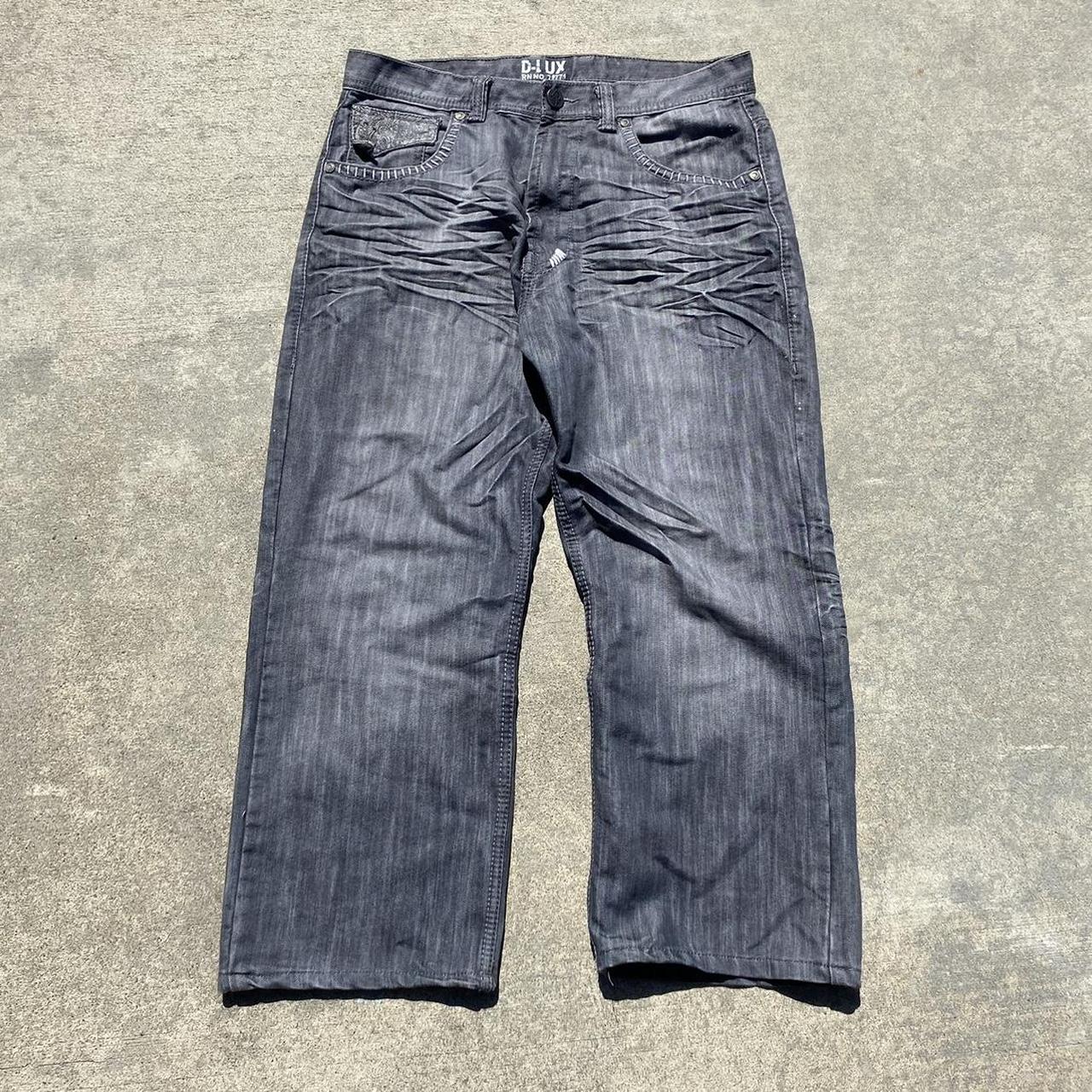 bedazzled silver and grey d-lux baggy jeans 34x30... - Depop