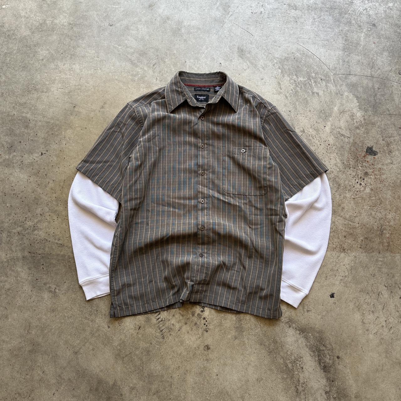 Vintage Haggar Brown/ Gray Button Up Shirt -Size... - Depop