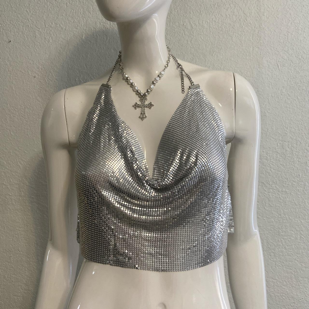 Silver open back top with adjustable top and back... - Depop