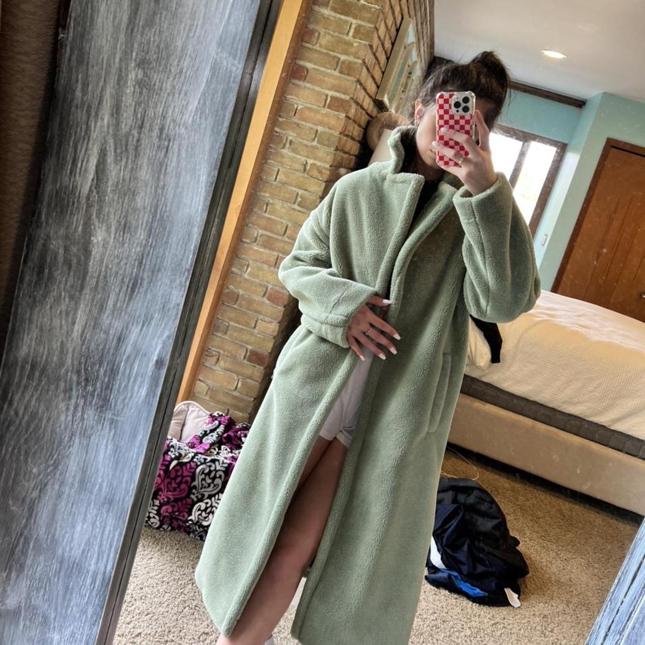 Sage green long fuzzy coat forever 21 Size small but... - Depop