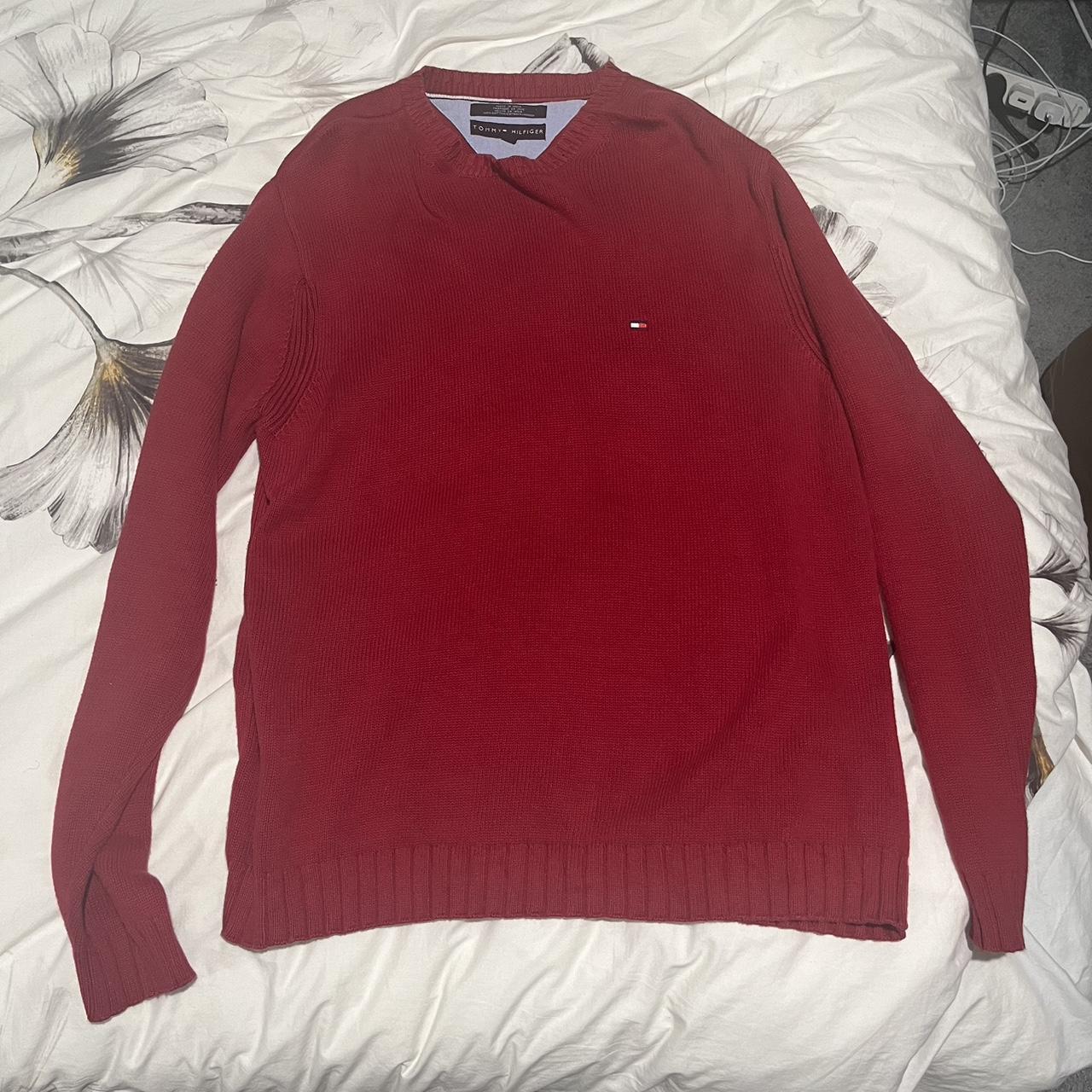 red tommy hilfiger knit jumper size M in mens great... - Depop