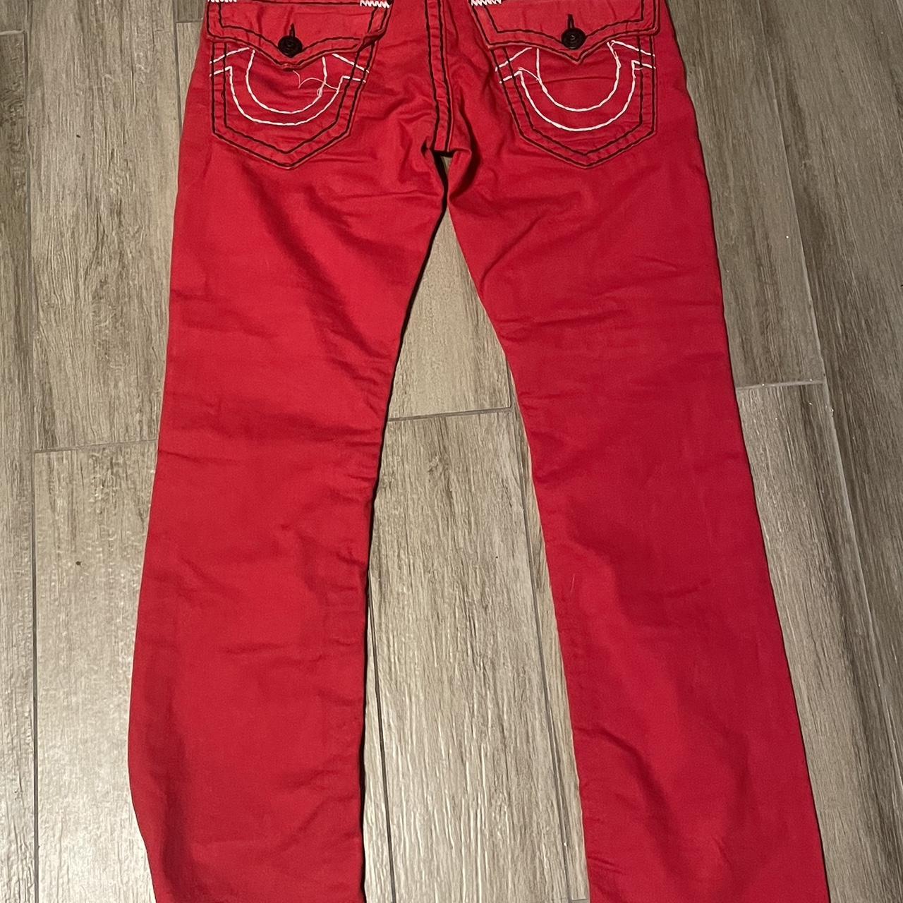 size 30 red trueys black and white stitching little... - Depop