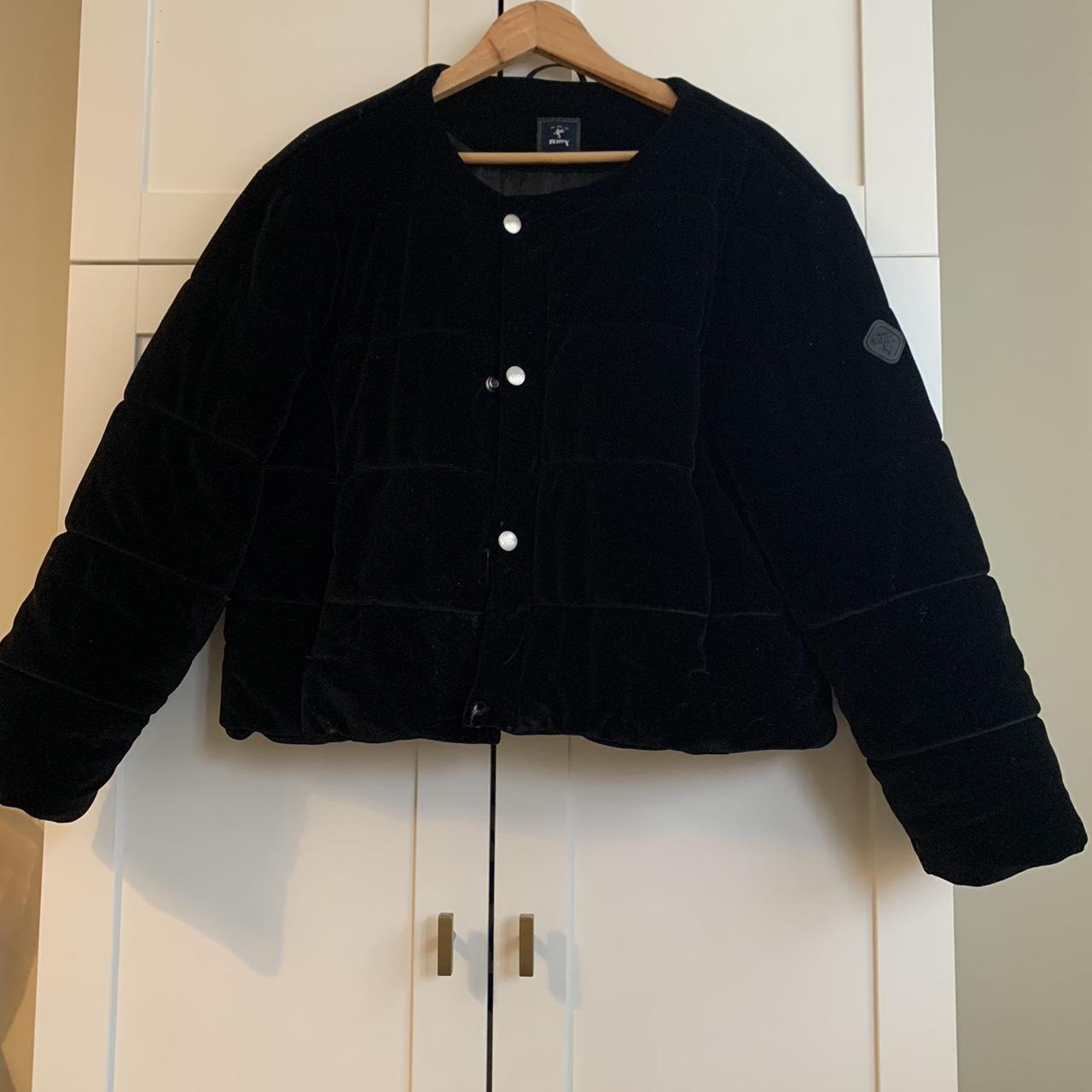 Black velvet puffa jacket from Puffa in size small... - Depop