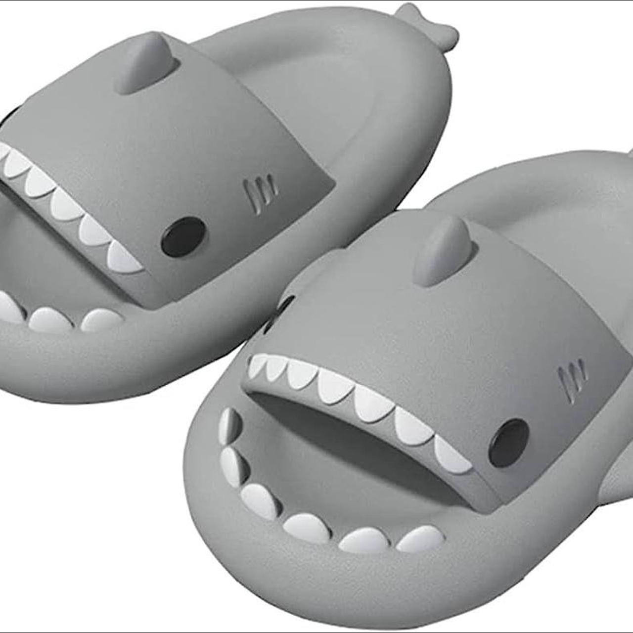 cool unisex Grey shark slippers slides Multiple sizes - Depop