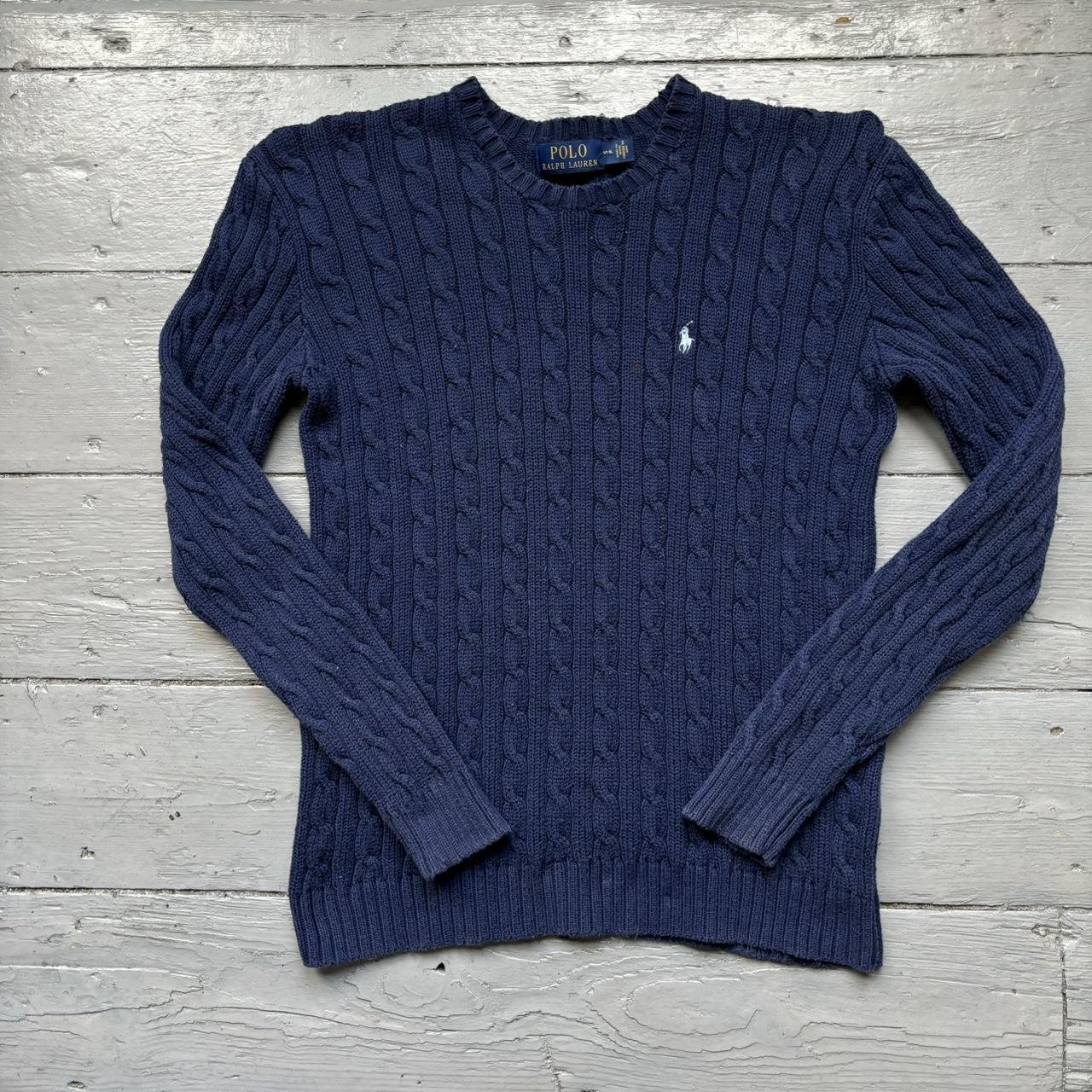 Ralph Lauren cable knit jumper in navy blue with... - Depop