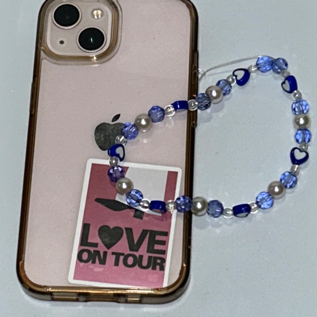Blue heart, pearl and bead phone charm, handmade,... - Depop