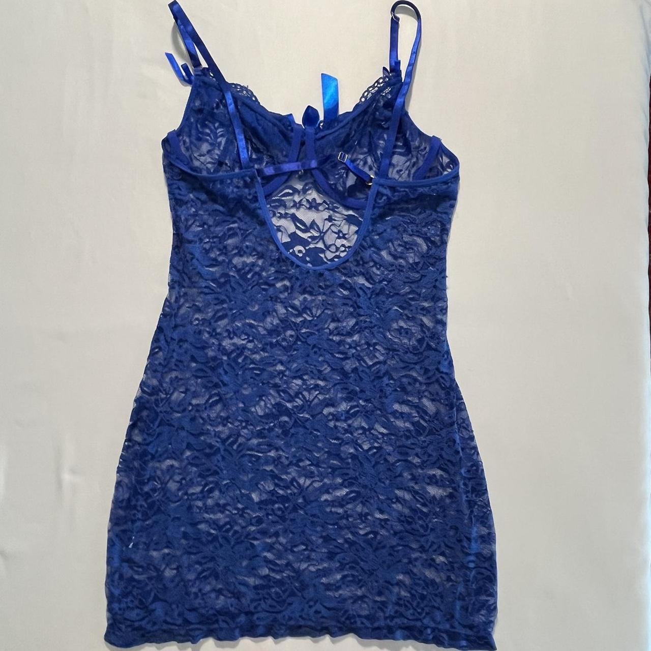 Blue stretchy lace slip dress with adjustable straps... - Depop