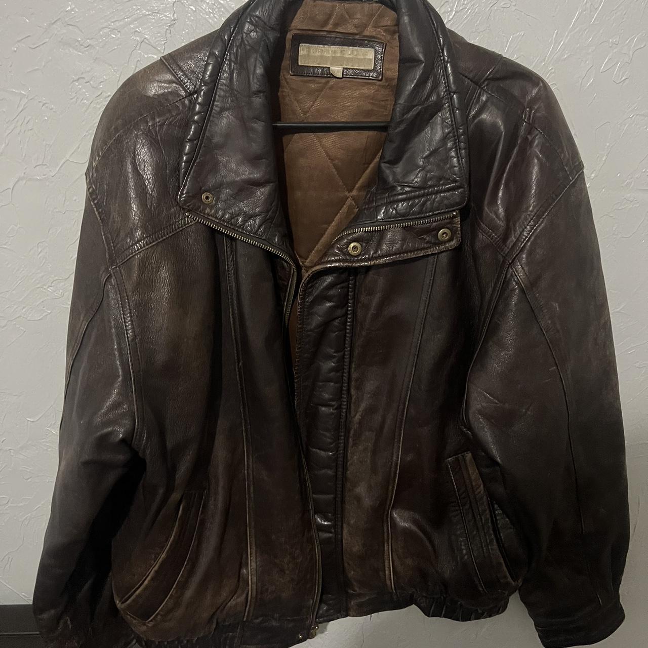 perry ellis leather jacket great condition 80s perry... - Depop