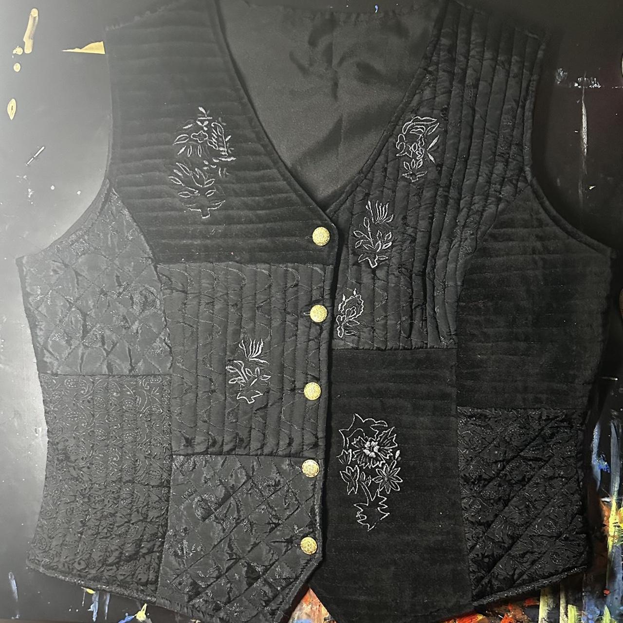 Vintage boho vest black velour patchwork White stag... - Depop