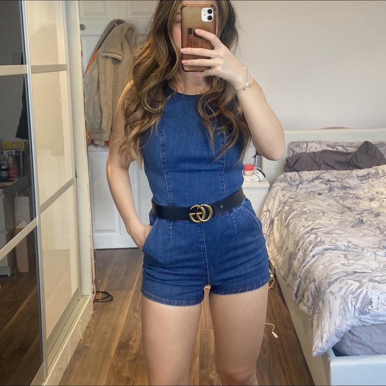 Denim navy blue all in one biketard playsuit romper... - Depop