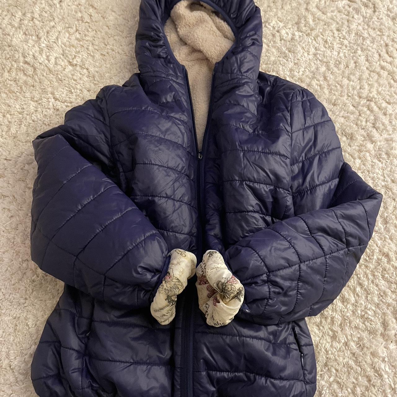 dark blue puffer with roses on the inside of the... - Depop