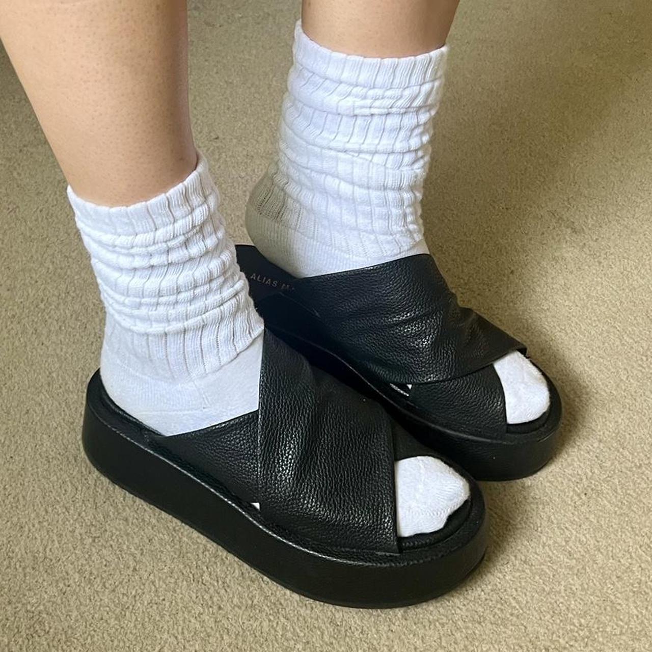 Alias Mae black leather yoko platforms slide sandals... - Depop