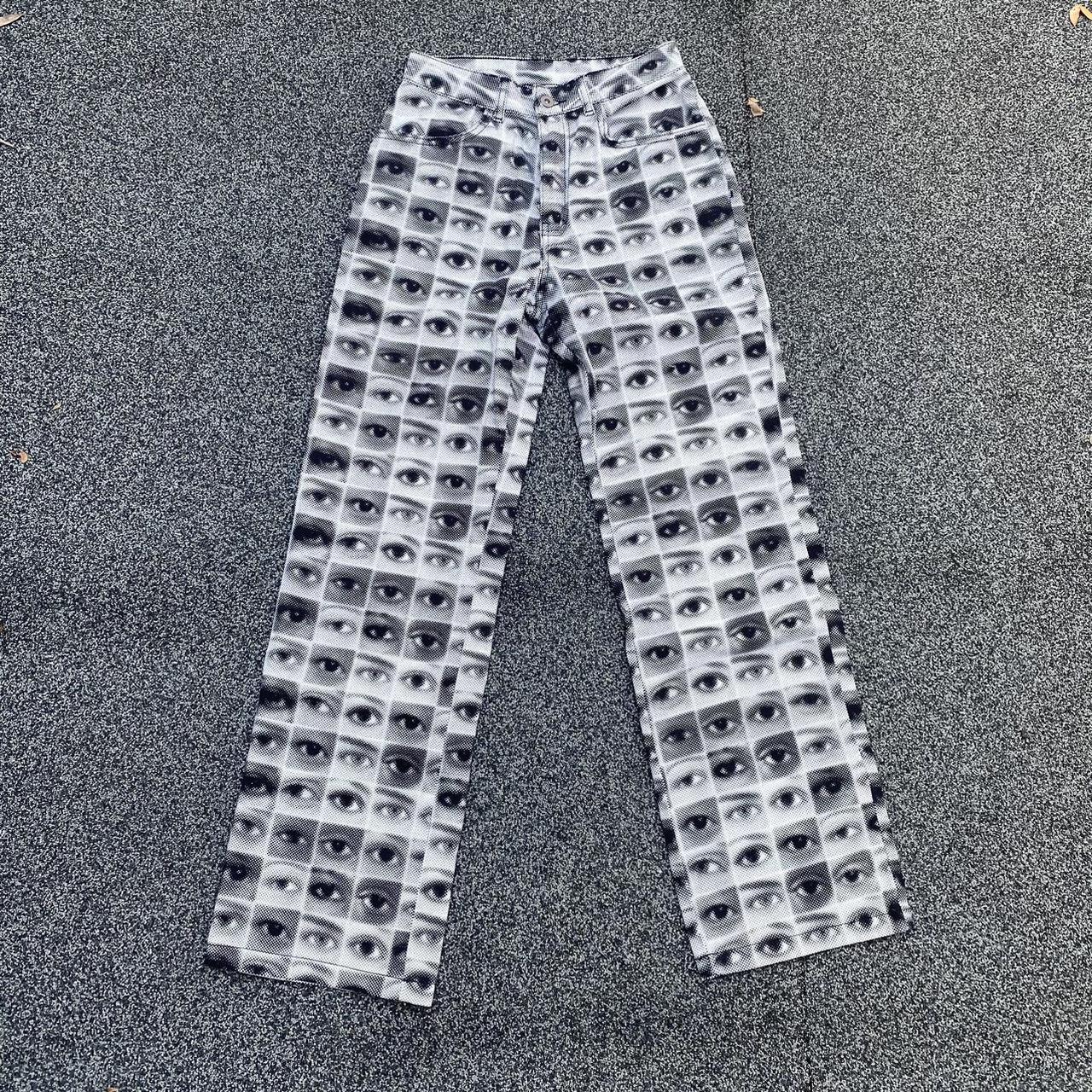 Knowledge Pant black and white eyeball print pants... - Depop