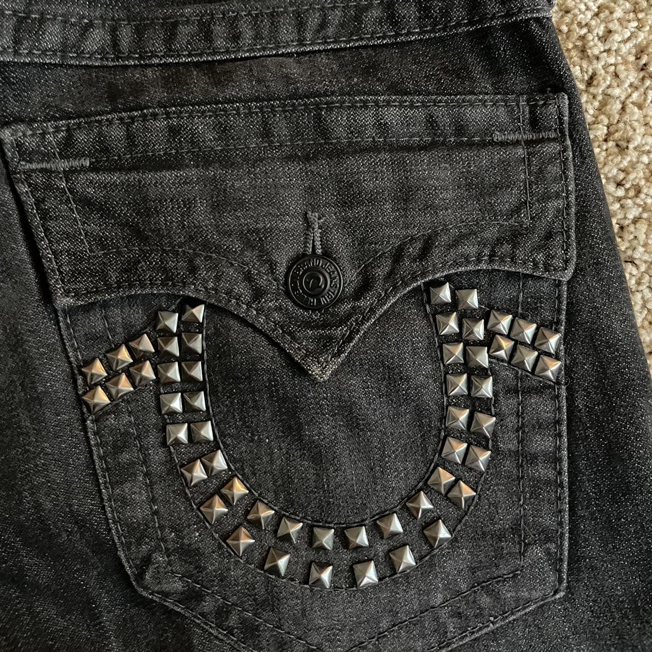 BLACK/GREY TRUE RELIGION STUDDED RICKY JEANS. SIZE... - Depop