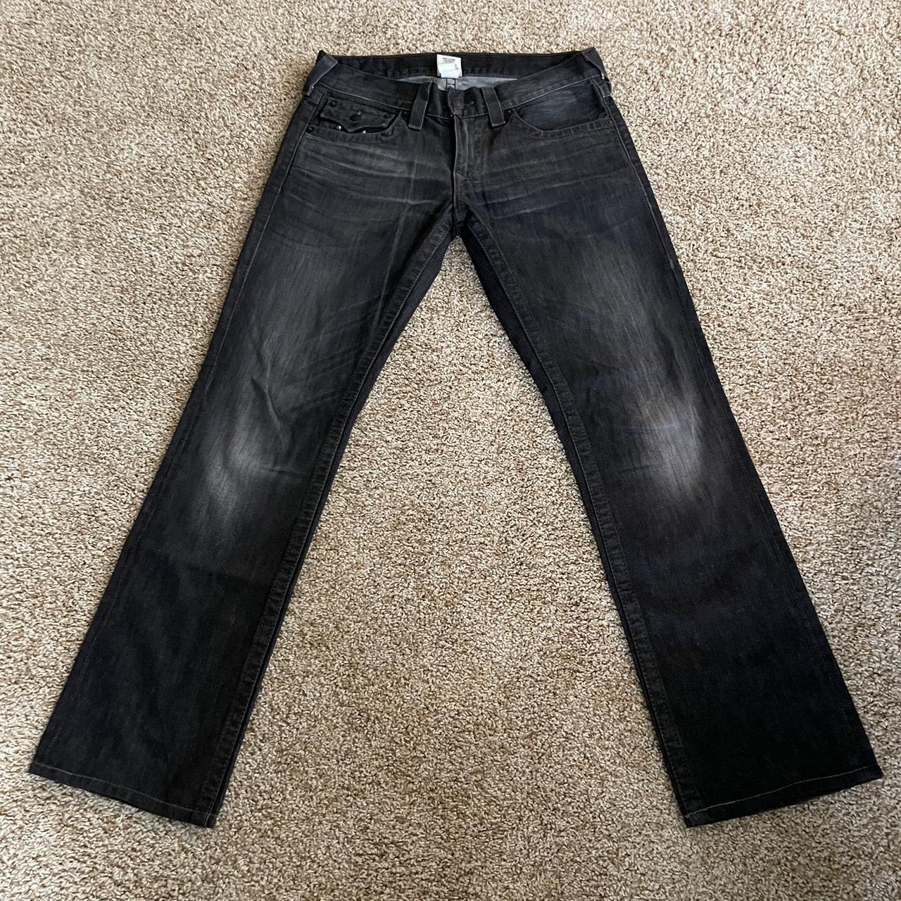 BLACK/GREY TRUE RELIGION STUDDED RICKY JEANS. SIZE... - Depop