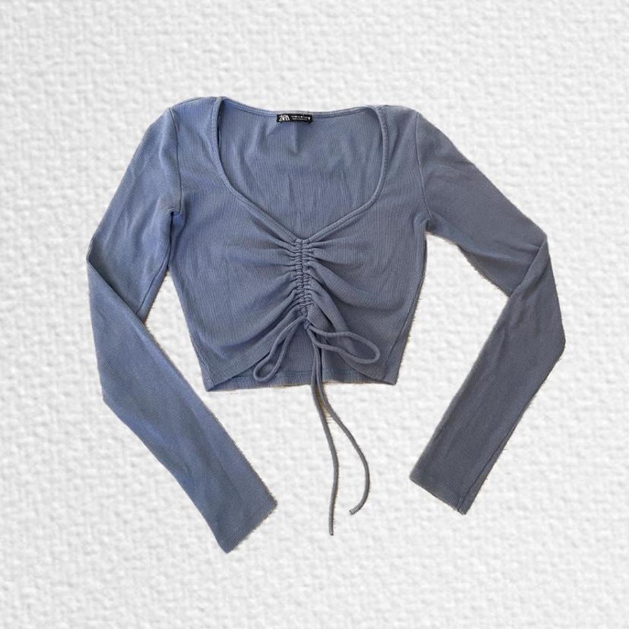 Blue drawstring tie cropped top with sweetheart... - Depop