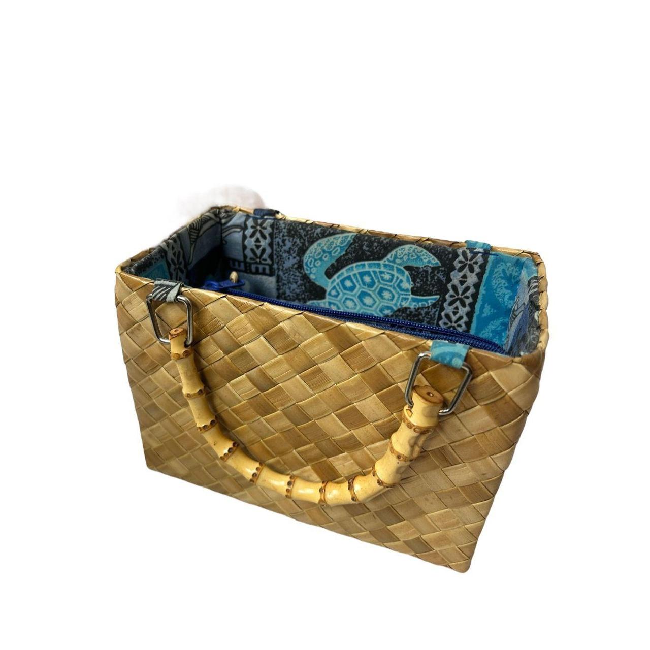 Bamboo handle handwoven squared handbag with blue... - Depop