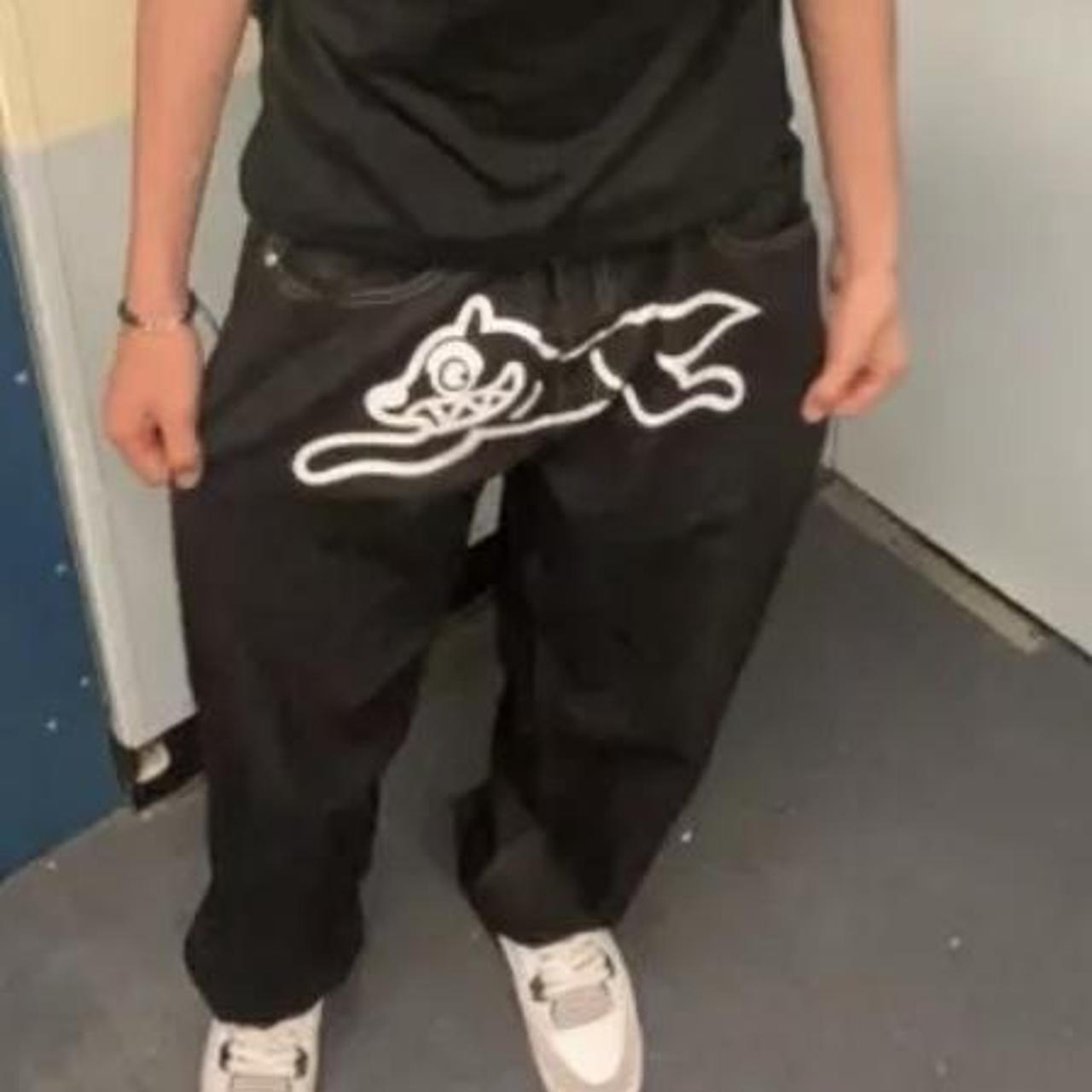 MENS BLACK BAGGY DOG PRINT Y2K DENIM TROUSER JEANS... - Depop