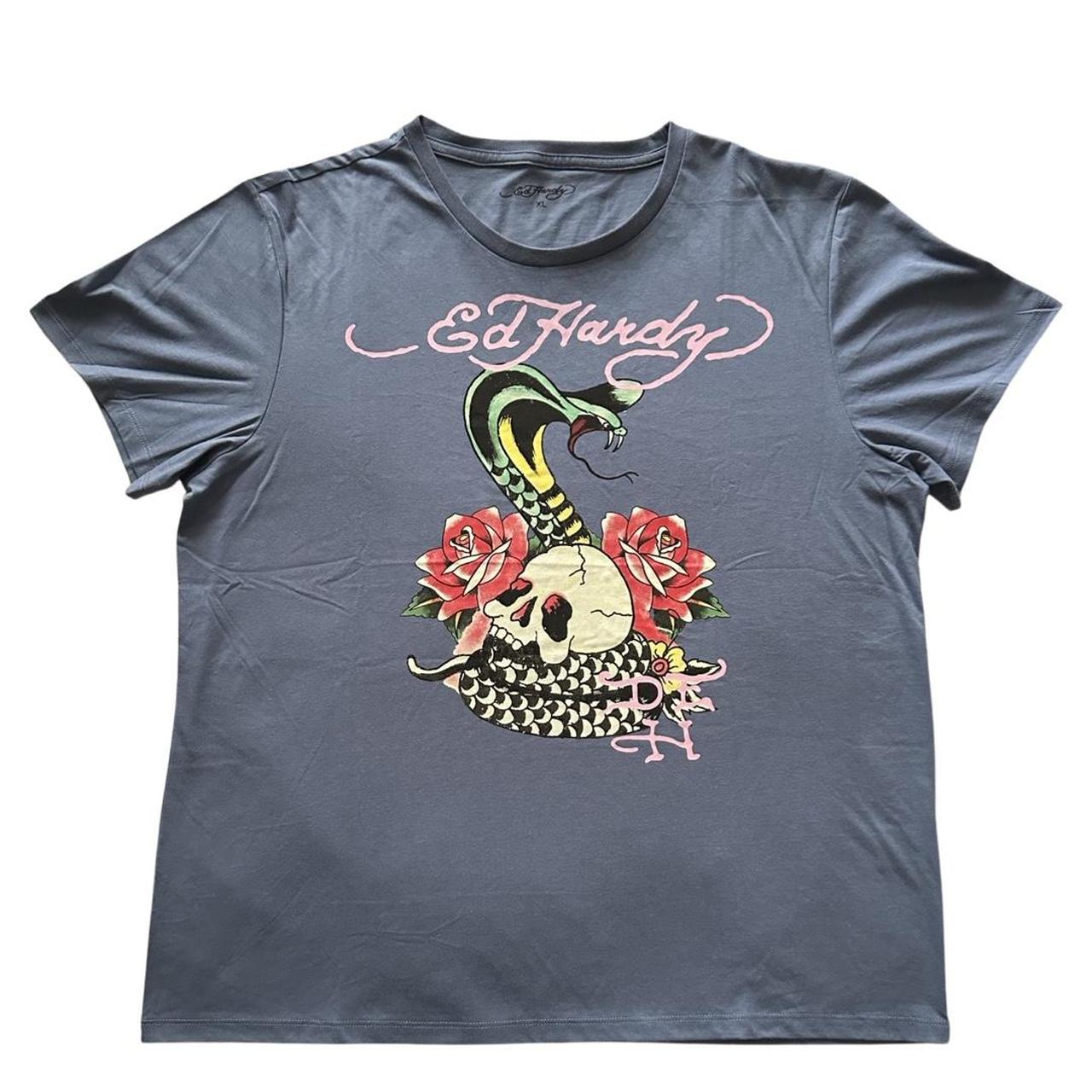 Ed Hardy Y2K Grunge Cobra & Skull Roses, Blue... - Depop