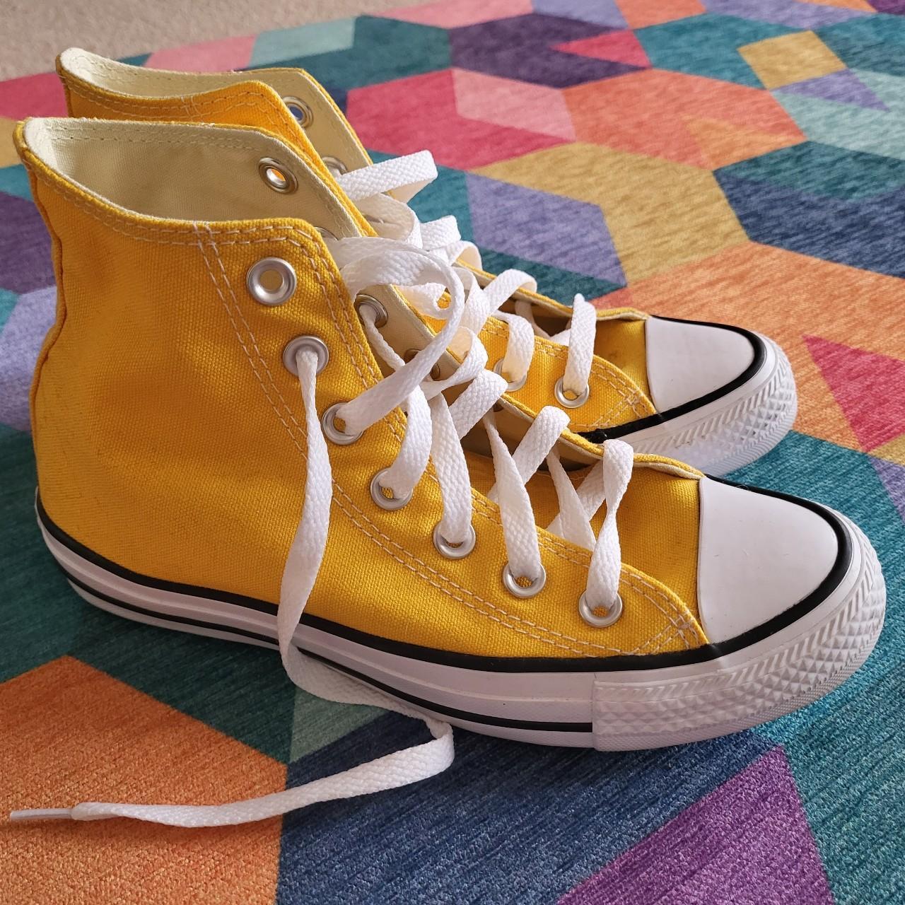 Yellow high tops converse, size 3, only worn... - Depop