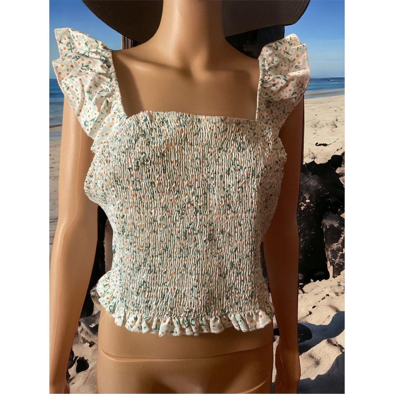Green Floral print elastic body crop with flutter... - Depop